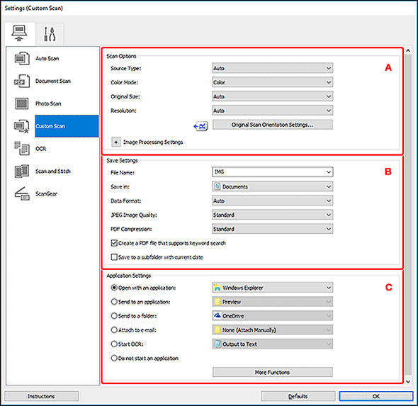IJ Scan Utility (Windows) - Settings (Custom Scan) Dialog Box - TR7020