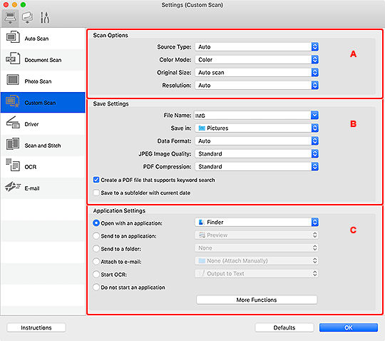 IJ Scan Utility Lite - Settings (Custom Scan) Dialog - TS6320