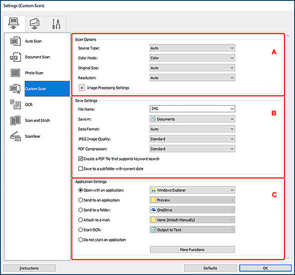 IJ Scan Utility (Windows) - Settings (Custom Scan) Dialog Box - G2260 ...