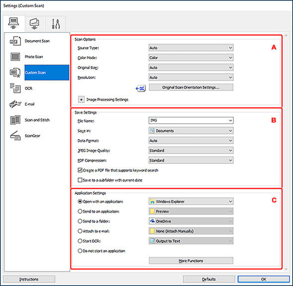 IJ Scan Utility (Windows) - Settings (Custom Scan) Dialog Box - G620