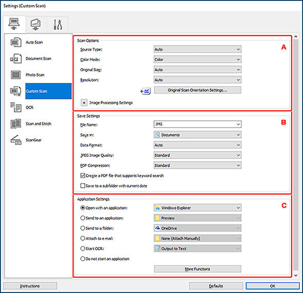 IJ Scan Utility (Windows) - Settings (Custom Scan) Dialog Box - TR8620