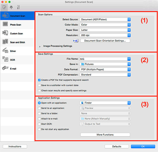 IJ Scan Utility (macOS) - Settings (Document Scan) Dialog (MB2120 / MB2720)