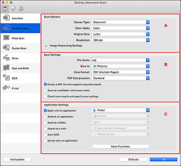 IJ Scan Utility Lite (macOS) - Settings (Document Scan) Dialog - G2260 ...