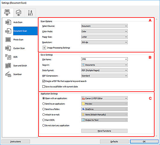 IJ Scan Utility (Windows) - Settings (Document Scan) Dialog Box