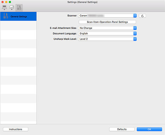 IJ Scan Utility Lite (macOS) - Settings (General Settings) Dialog - GX7020