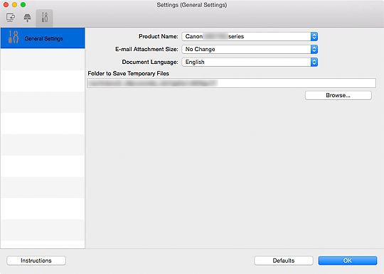 IJ Scan Utility (macOS) - Settings (General Settings) Dialog