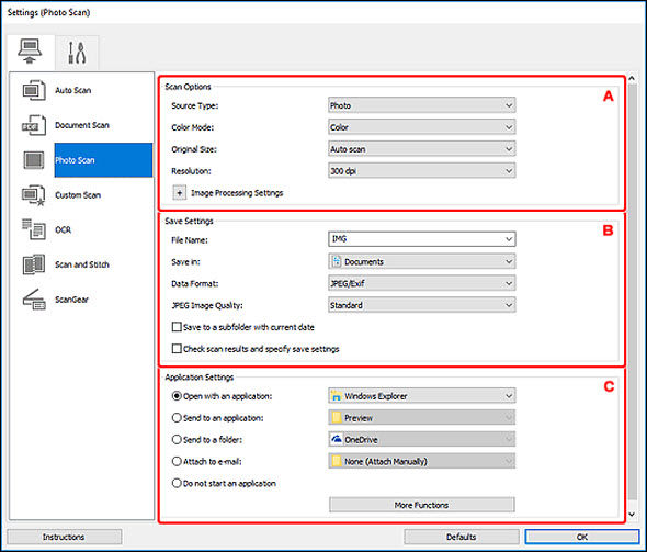 IJ Scan Utility (Windows) - Settings (Photo Scan) Dialog Box - TR7020
