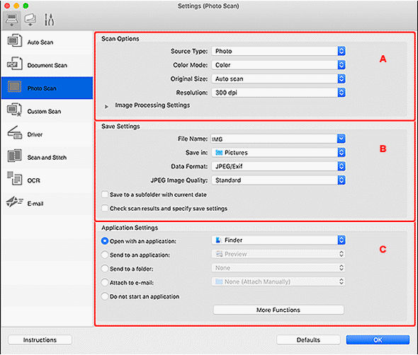 IJ Scan Utility Lite (macOS) - Settings (Photo Scan) Dialog - GX6020