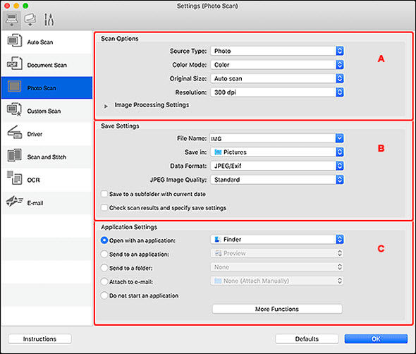 IJ Scan Utility Lite (macOS) - Settings (Photo Scan) Dialog - G2260 / G3260
