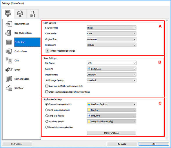 IJ Scan Utility (Windows) - Settings (Photo Scan) Dialog Box - GX7020