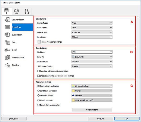 IJ Scan Utility (Windows) - Settings (Photo Scan) Dialog Box - G620