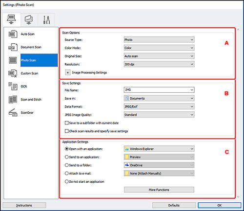 IJ Scan Utility (Windows) - Settings (Photo Scan) Dialog Box - TS8320
