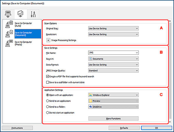 IJ Scan Utility (Windows) - Settings (Save to Computer (Document)) Dialog Box - G2260 / G3260