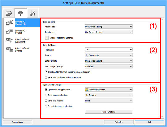 IJ Scan Utility (Windows) - Settings (Save to PC (Document)) Dialog Box