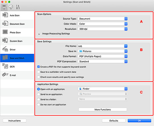 IJ Scan Utility Lite - Settings (Scan and Stitch) Dialog - TS8320