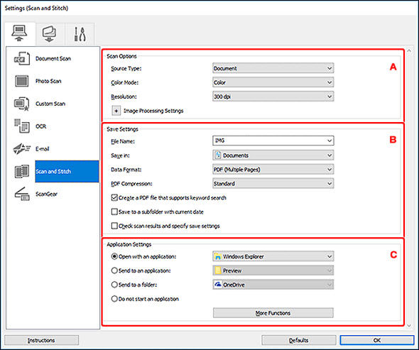 IJ Scan Utility (Windows) - Settings (Scan and Stitch) Dialog Box - G620