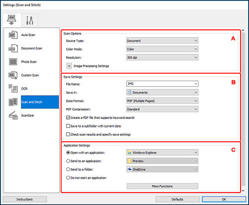 IJ Scan Utility (Windows) - Settings (Scan and Stitch) Dialog Box - TS6320