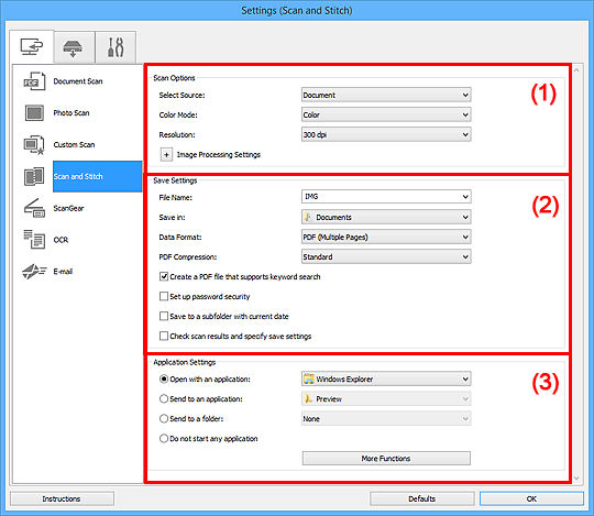 IJ Scan Utility (Windows) - Settings (Scan and Stitch) Dialog Box