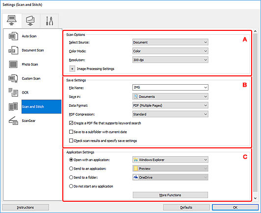 IJ Scan Utility (Windows) - Settings (Scan and Stitch) Dialog Box