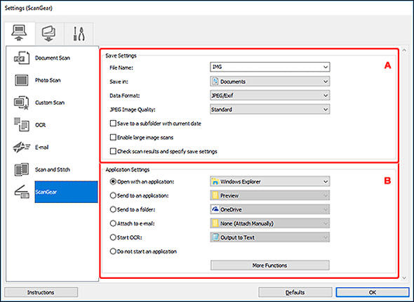 IJ Scan Utility (Windows) - Settings (ScanGear) Dialog Box - GX6020