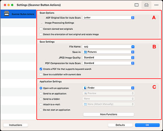IJ Scan Utility Lite (macOS) - Settings (Scanner Button Actions) Dialog - GX1020