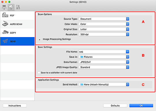 IJ Scan Utility Lite (macOS) - Settings (SEND) Dialog - G2270