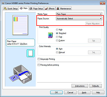Checking / changing Paper source (Windows) - MX882