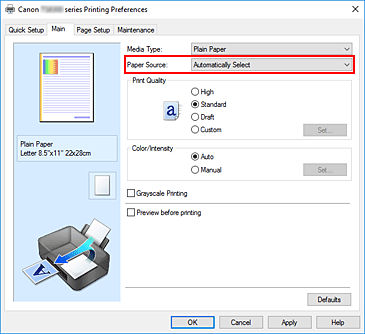 Selecting the TS9120 Paper Source for printing - Windows