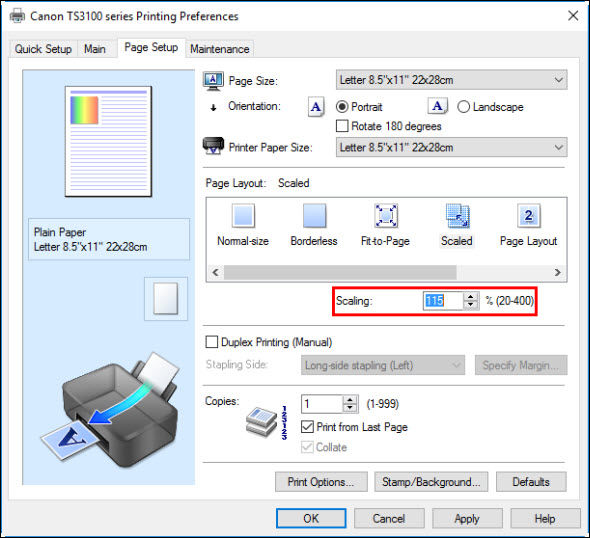 Scaled Printing (Windows) - TS3120 / TS3122