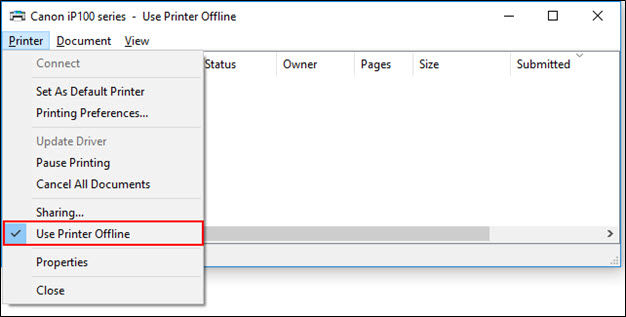 Resolve a Printer Is Offline Message - PIXMA iP100