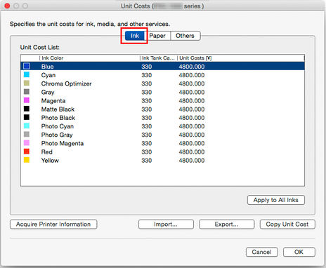 Configuring Unit Costs Including Ink and Paper - PRO-1000 (Mac)