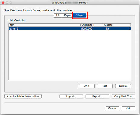 Configuring Unit Costs Including Ink and Paper - PRO-1000 (Mac)