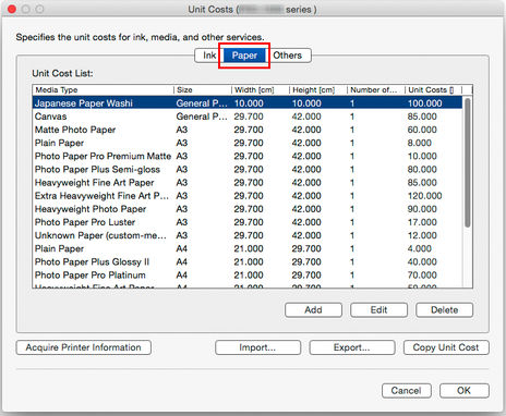 Configuring Unit Costs Including Ink and Paper - PRO-1000 (Mac)