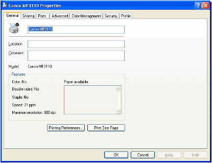 Printer properties-General tab-ICMF 3100
