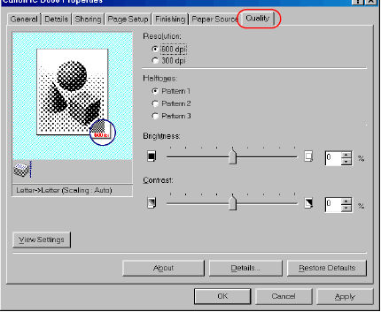 Printer Properties (Windows 95/98/Me) - Quality Tab