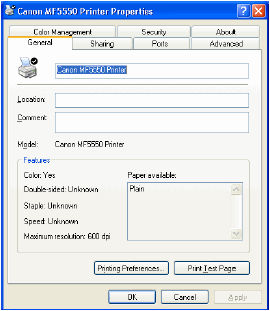 Printer properties-General tab