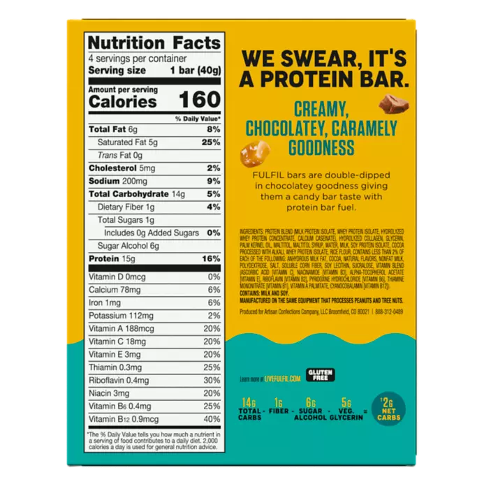FULFIL Chocolate Salted Caramel Flavor Protein Bars, 1.41 oz, 4 count box